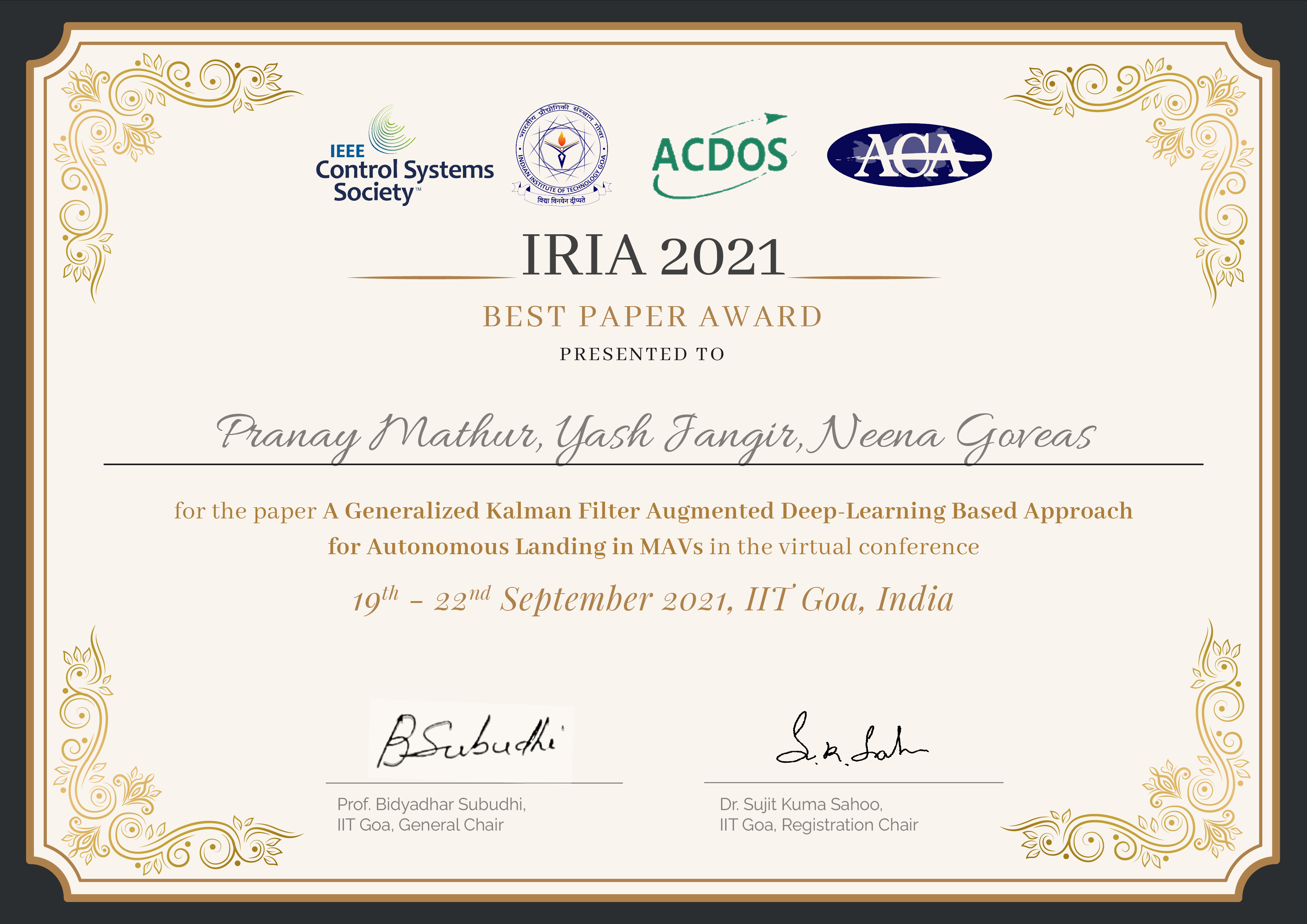 Best Paper Award IRIA '21